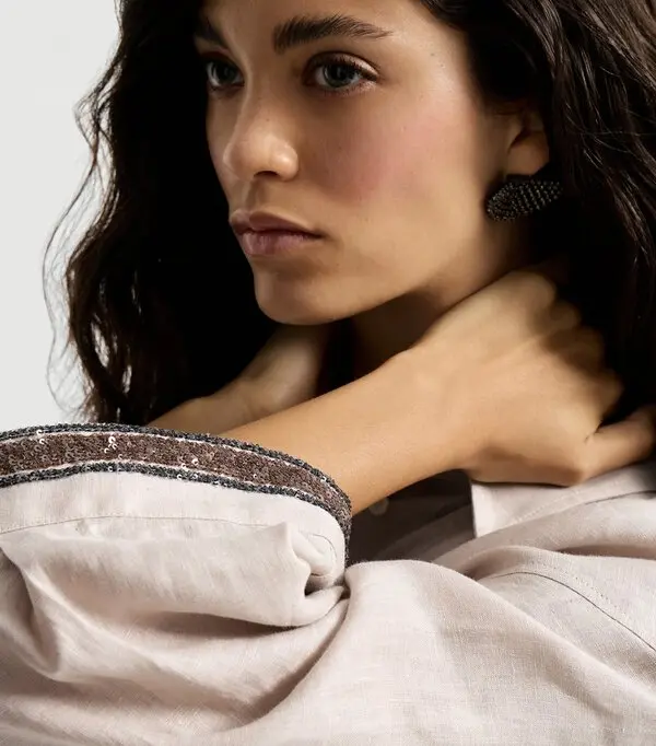 Brunello Cucinelli Linen Shirt With Embellished Cuffs - Beige