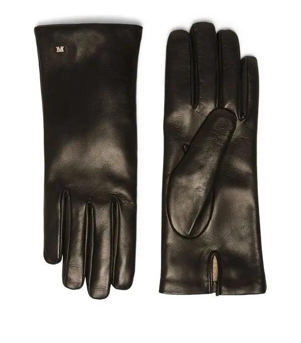 Max Mara Lamb Leather Gloves With Monogram Detail - Black