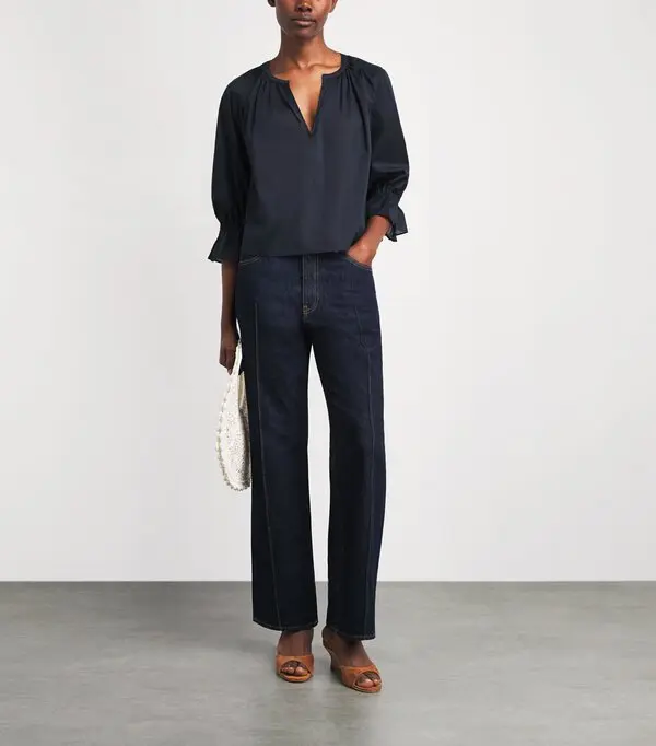 FRAME Cotton Poet Blouse - Navy