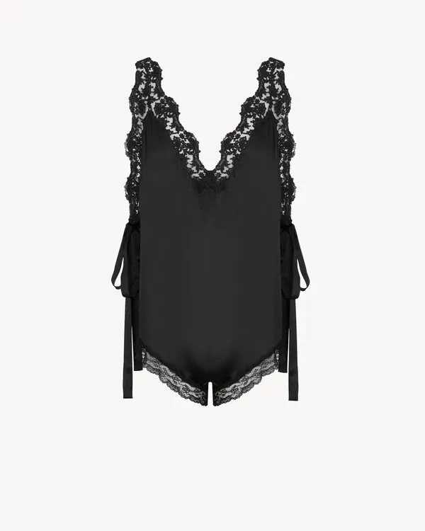 Saint Laurent Laced Romper In Silk Crepe Muslin - Black