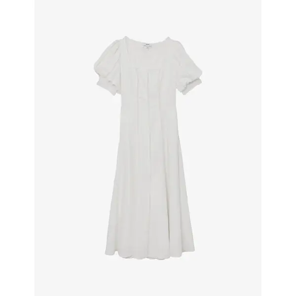 REISS Riva Puff-sleeved Linen Midi Dress - Ivory