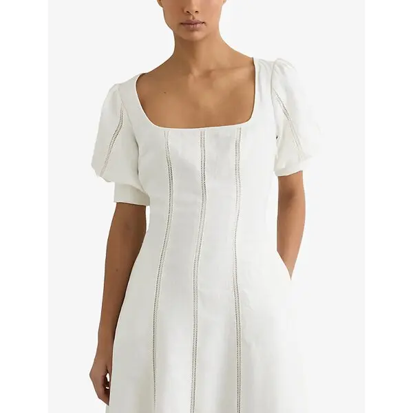 REISS Riva Puff-sleeved Linen Midi Dress - Ivory