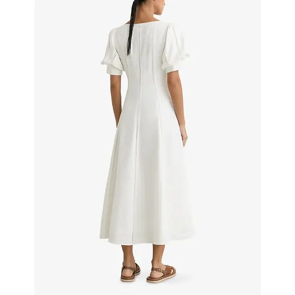 REISS Riva Puff-sleeved Linen Midi Dress - Ivory