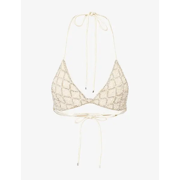 GRACE FAENA Pearl And Crystal-embellished Beaded Bralette - Chalk