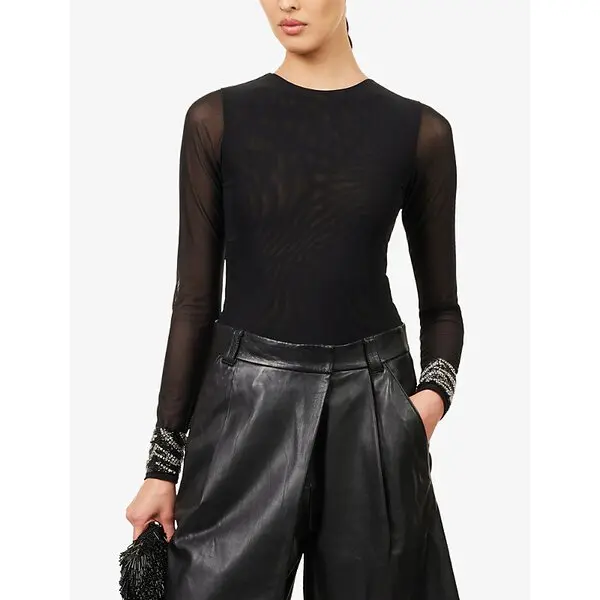 GRACE FAENA Mesh Bodysuit With Embellished Cuffs