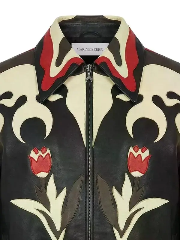 MARINE SERRE Floral Patch Leather Jacket - Black