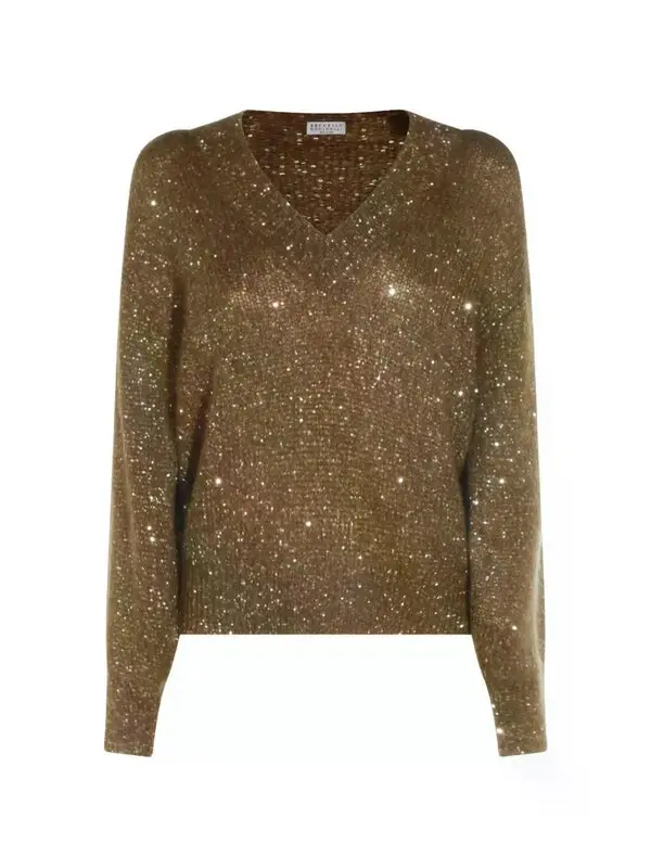Brunello Cucinelli Sequin-embellished V-neck Sweater - Brown