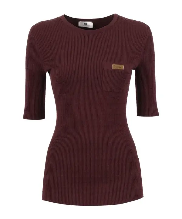 Elisabetta Franchi Ribbed Knit Top With Metallic Logo Plaque