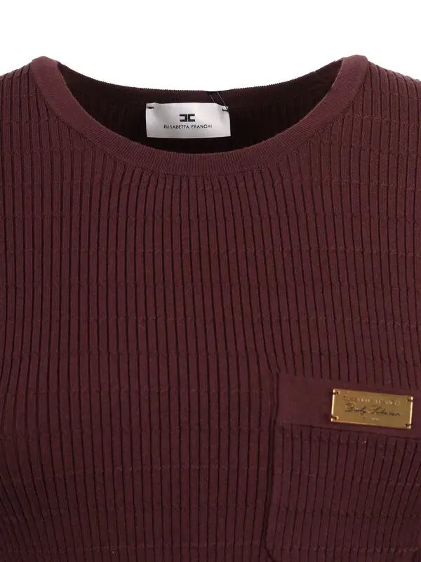 Elisabetta Franchi Ribbed Knit Top With Metallic Logo Plaque