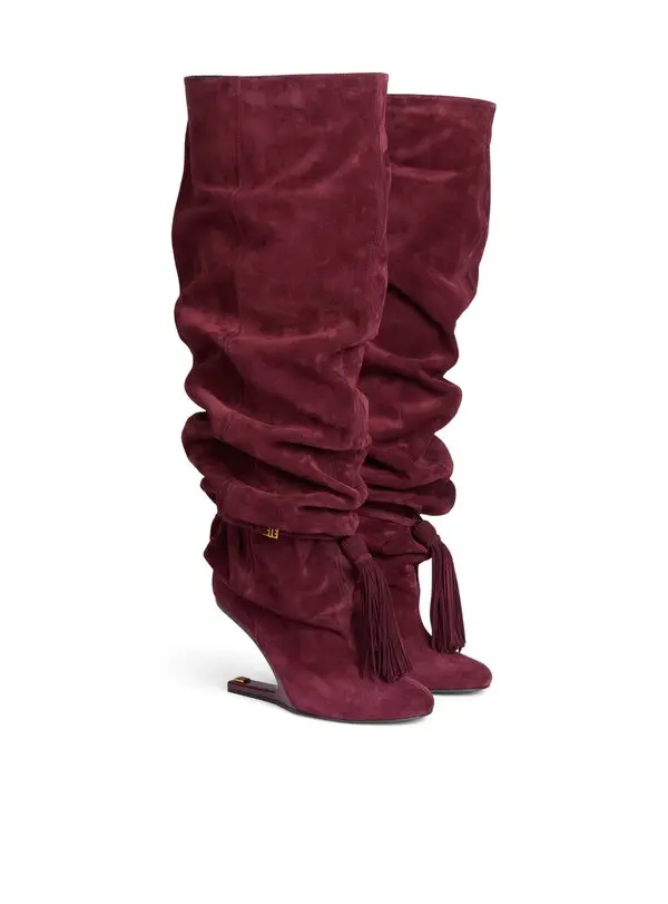 Balmain Thigh-high Suede Boots With Tassel Detail - Red