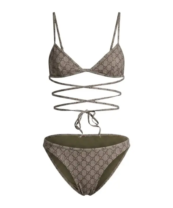 Gucci Allover Gg Print Stretch Jersey Bikini - Beige And Dark Brown