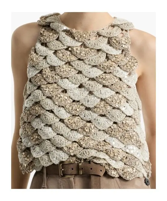 Brunello Cucinelli Handmade Jute And Cotton Knit Top With Sequins