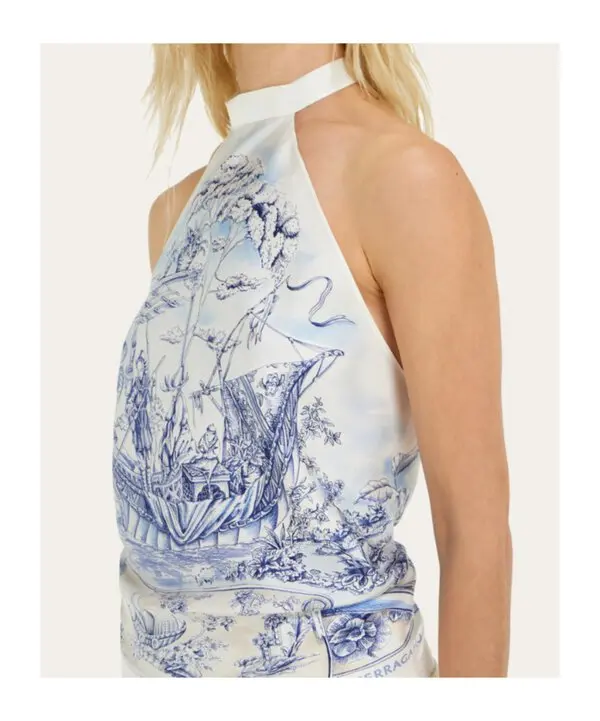 FERRAGAMO Halterneck Blouse With Voyage Print - Blue