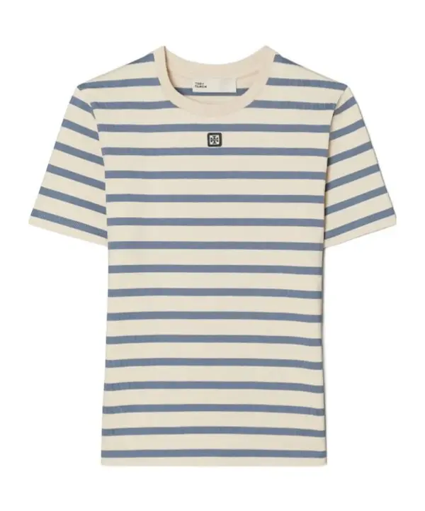 Tory Burch Striped Cotton T-shirt - Light Ivory White/blue