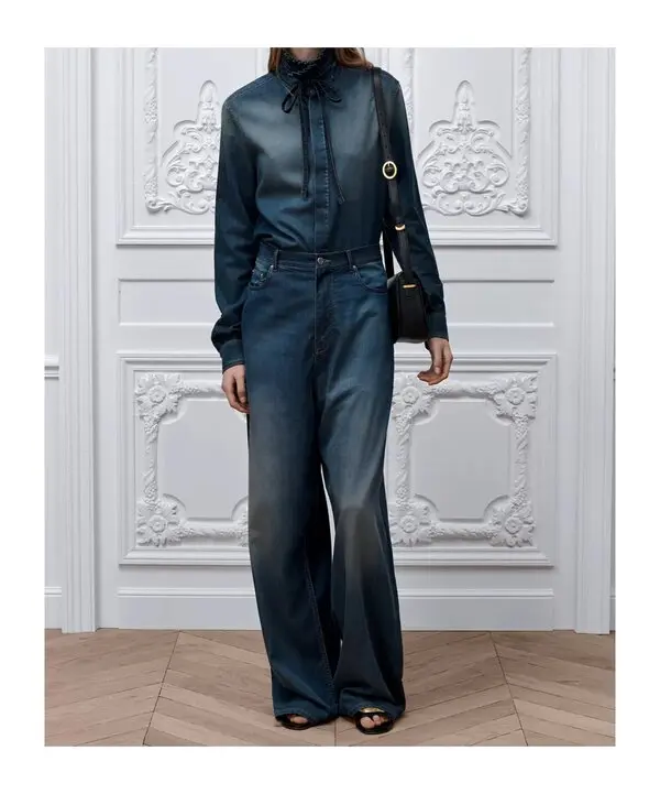 Dior Pleated Stand Collar Tie Neck Blouse