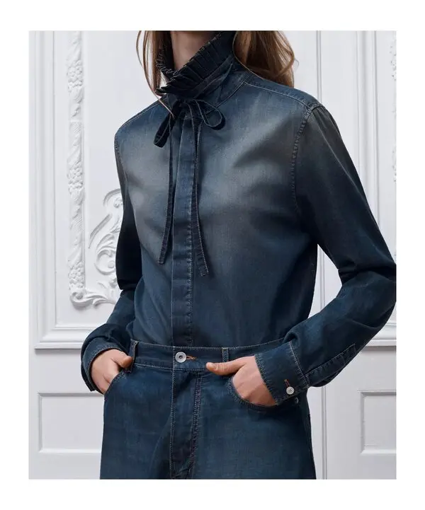 Dior Pleated Stand Collar Tie Neck Blouse