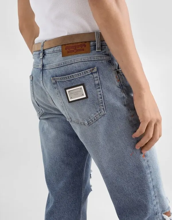 Dolce & Gabbana Ripped Logo Plaque Jeans - Gray