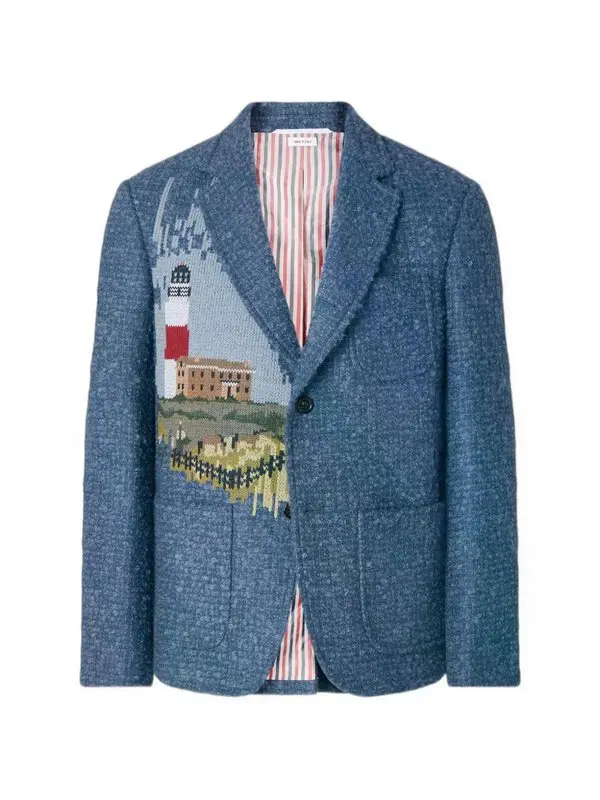 Thom Browne Bouclé Tweed Dinner Jacket With Lighthouse Embroidery - Blue