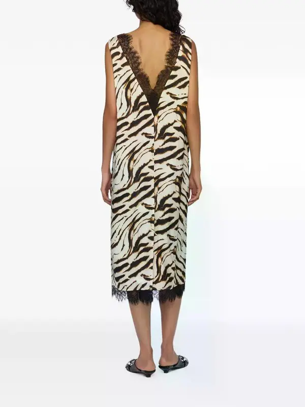 GANNI Zebra-print Lace-trim Midi Dress - Neutrals