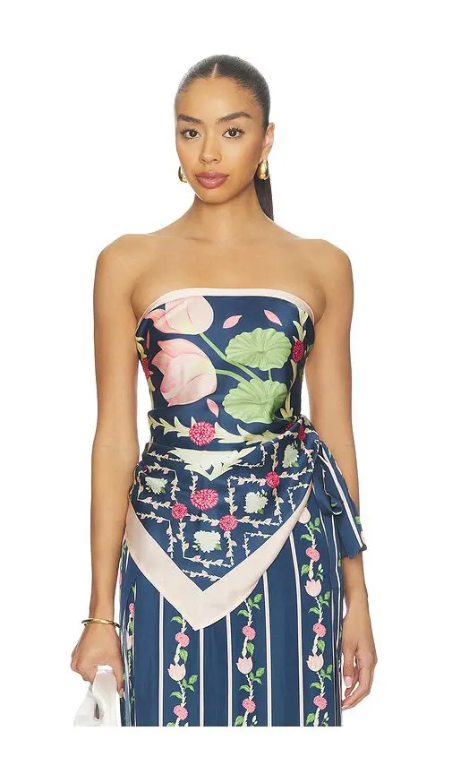 Verandah Lotus And Mallipoo Scarf Blouse - Navy