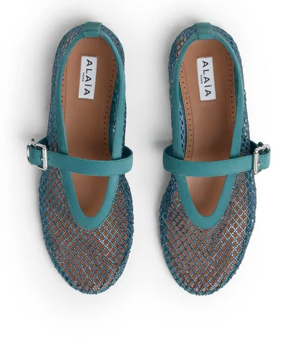 Alaïa Embellished Mesh Ballet Flats With Buckle Strap - Grey
