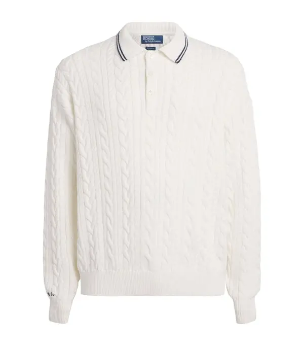 Polo Ralph Lauren Cotton-linen Cable-knit Sweater With Striped Collar
