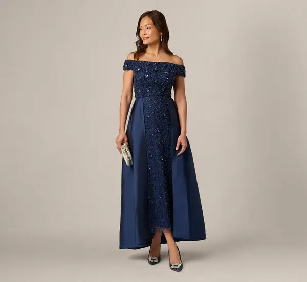 Adrianna Papell Off-the-shoulder Beaded Gown With Taffeta Overlay