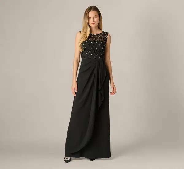 Adrianna Papell Draped Crepe Beaded Combo Gown