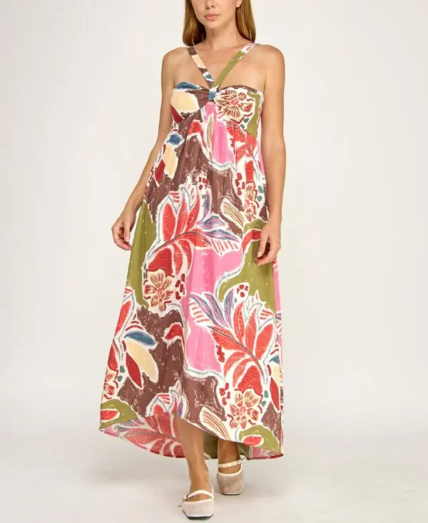 BEAUTY & GRACE Twist Front Floral Maxi Halter Dress - Pink,olive