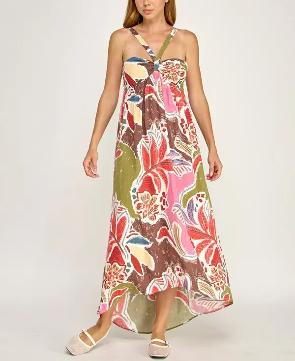 BEAUTY & GRACE Twist Front Floral Maxi Halter Dress