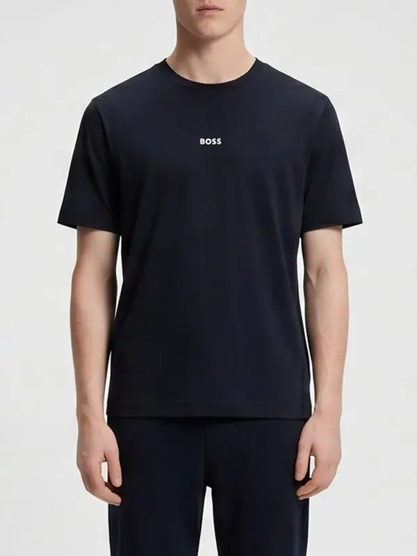 BOSS Crew Neck Stretch-cotton T-shirt With Contrast Chest Logo - Blue