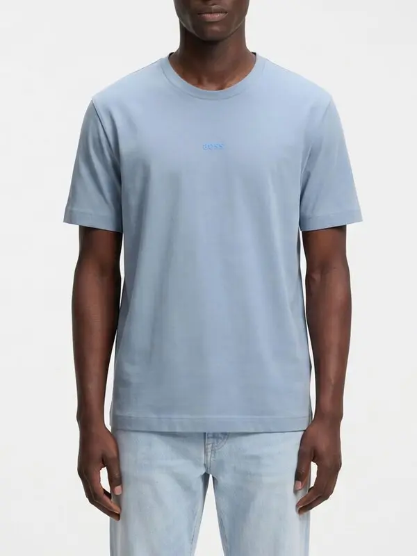 BOSS Crew Neck Stretch-cotton T-shirt With Contrast Chest Logo - Sky Blue