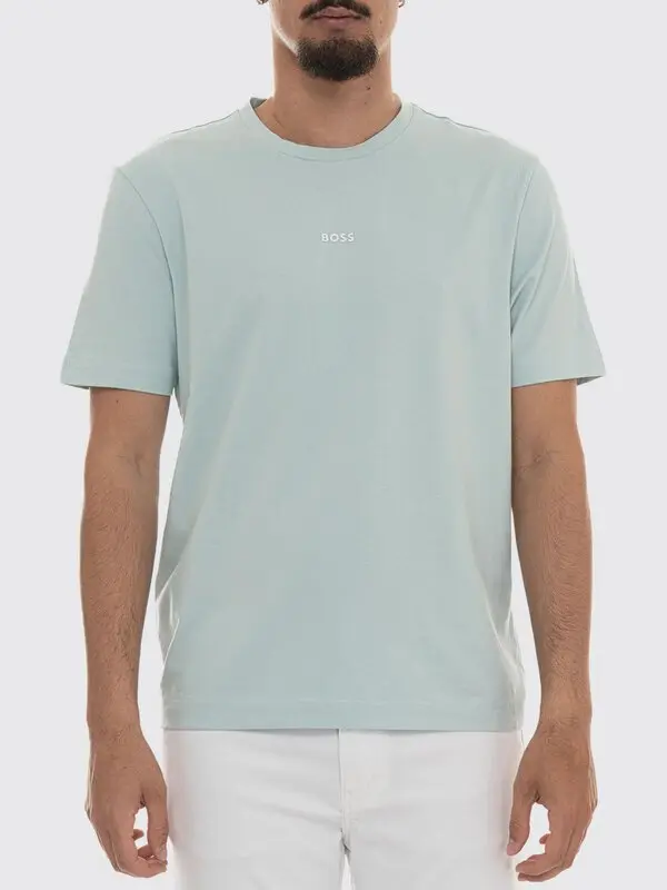 BOSS Crew Neck Stretch-cotton T-shirt With Contrast Chest Logo - Turquoise