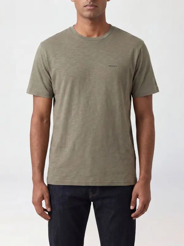 Woolrich Crew-neck Cotton T-shirt With Contrast Logo Print - Olive