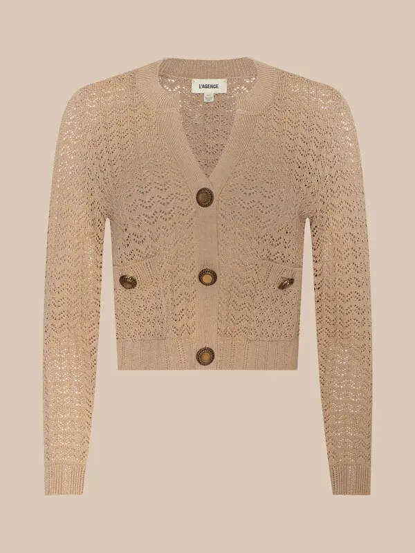 L'Agence Orla Pointelle Knit Cardigan - Light Cappuccino/gold