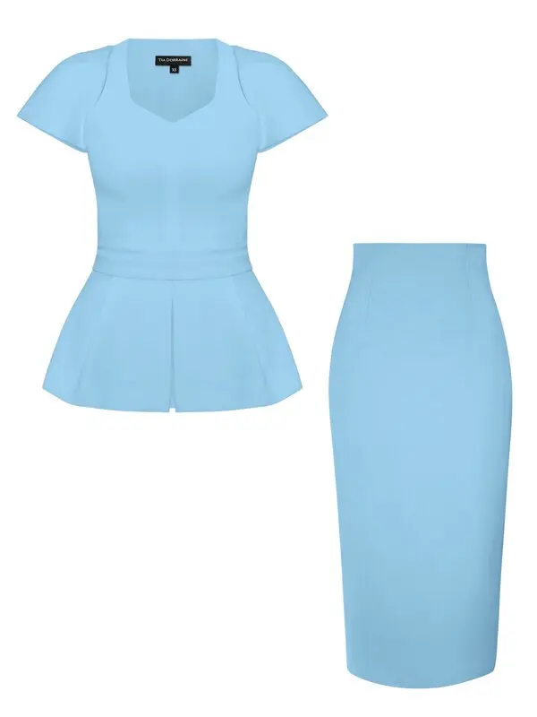 TIA DORRAINE Fitted Short Sleeve Sweetheart Neck Top And High Waist Pencil Skirt Set - Blue