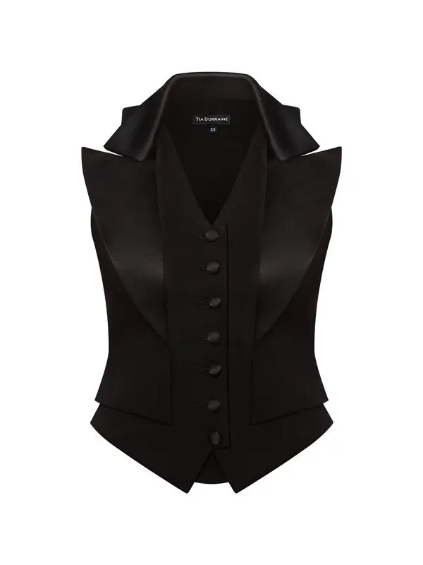 TIA DORRAINE Sleeveless Tailored Waistcoat With Satin Lapels - Black
