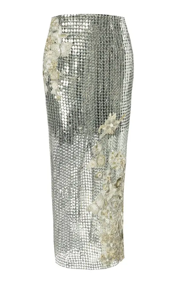 LA FUORI Sequined Midi Skirt With Floral Embellishments - Silver