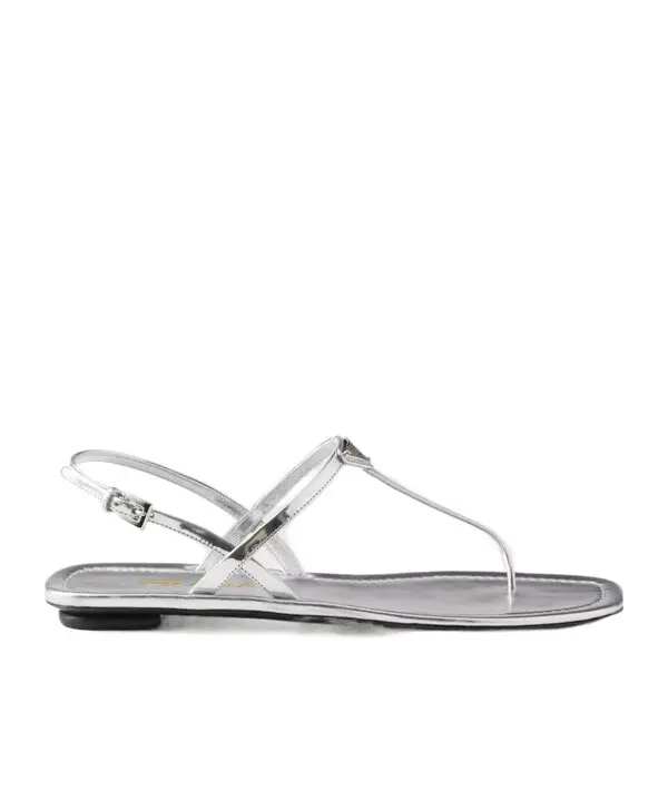 Prada Strappy Thong Flat Sandals With Enamel Triangle Logo - Silver