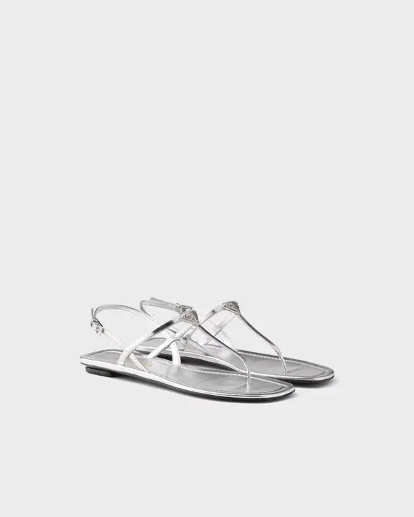 Prada Strappy Thong Flat Sandals With Enamel Triangle Logo - Silver
