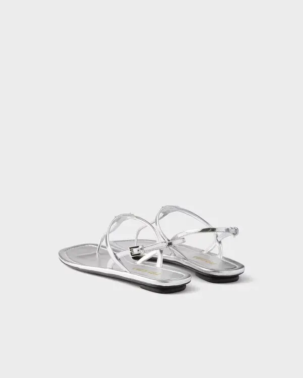 Prada Strappy Thong Flat Sandals With Enamel Triangle Logo - Silver