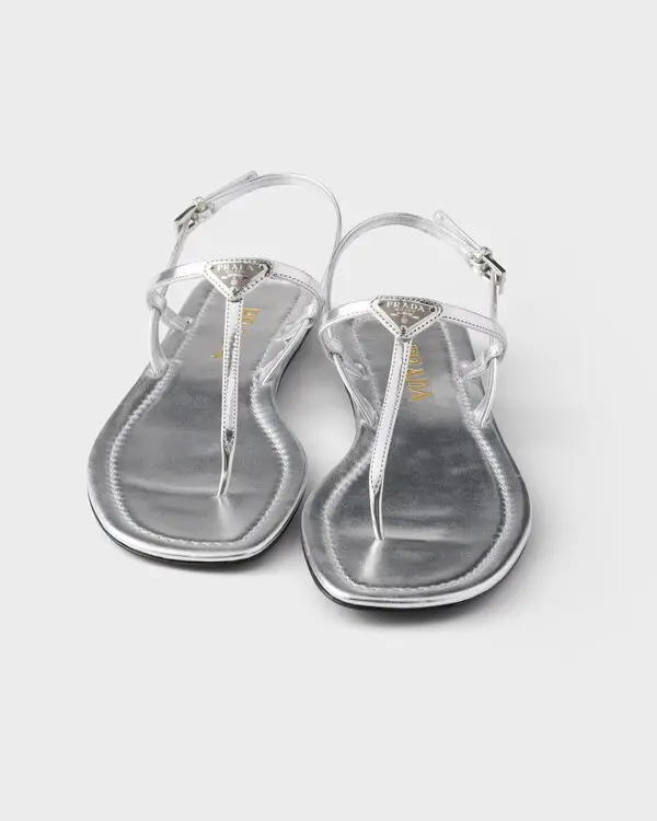 Prada Strappy Thong Flat Sandals With Enamel Triangle Logo - Silver