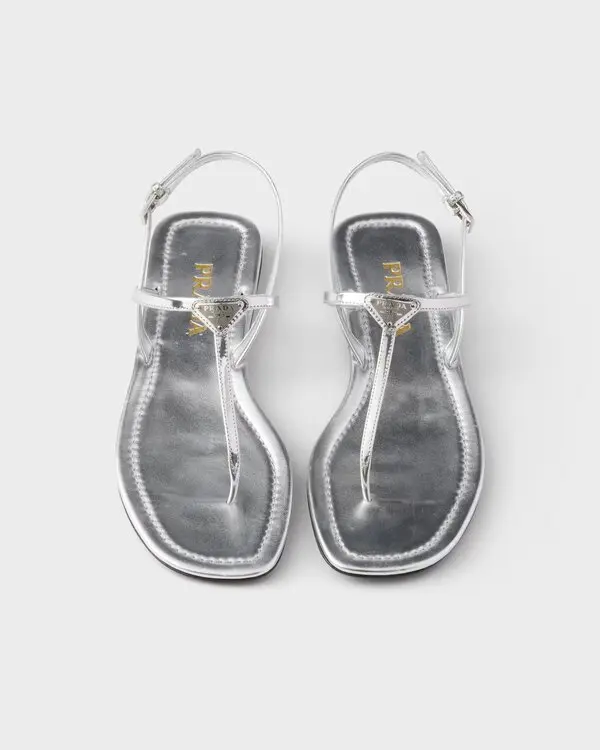 Prada Strappy Thong Flat Sandals With Enamel Triangle Logo - Silver