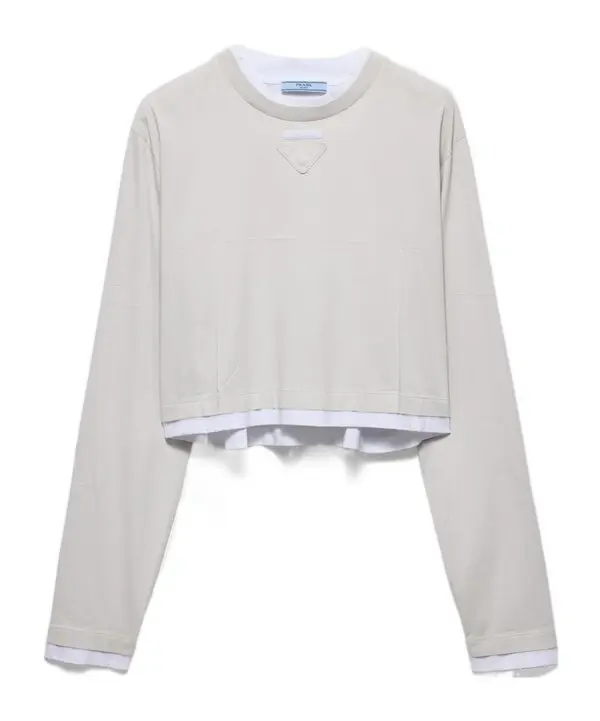 Prada Cropped Long-sleeve Crewneck T-shirt With Logo Detail - No