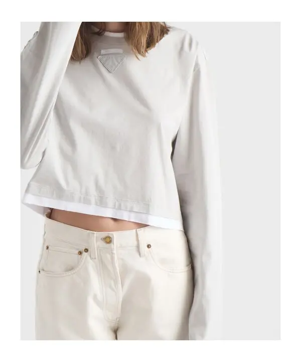 Prada Cropped Long-sleeve Crewneck T-shirt With Logo Detail - No