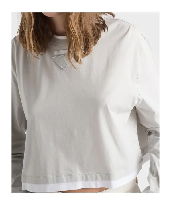 Prada Cropped Long-sleeve Crewneck T-shirt With Logo Detail - No