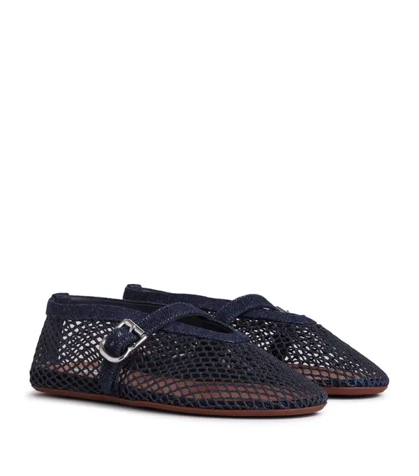 Alaïa Denim Fishnet Ballet Flats With Buckled Strap - Blue
