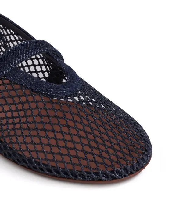 Alaïa Denim Fishnet Ballet Flats With Buckled Strap - Blue