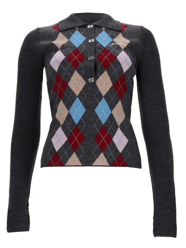 GANNI Argyle Knit Polo Shirt