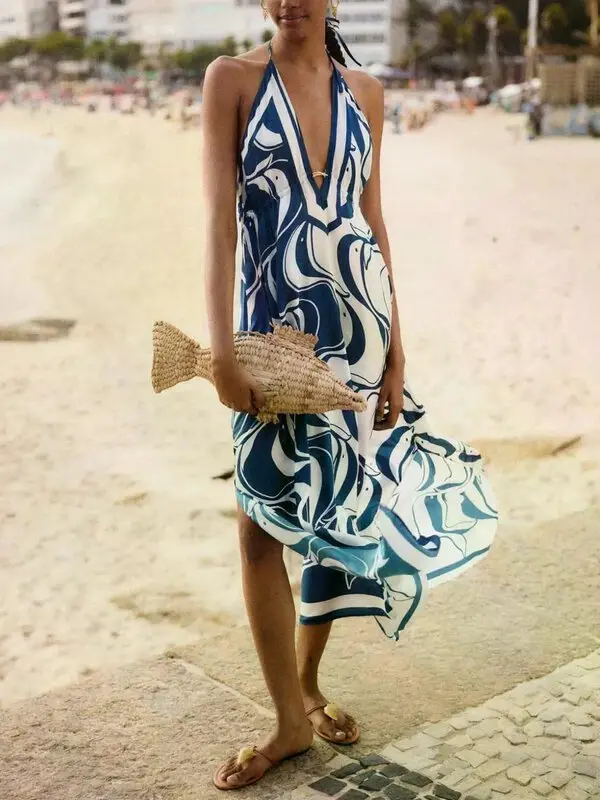 Farm Rio Fish-print Halterneck Maxi Dress